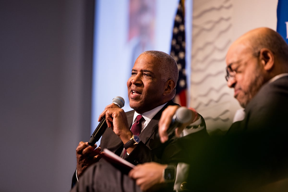 president Thomas leads conversation with Robert F. Smith at the Atlanta ...
